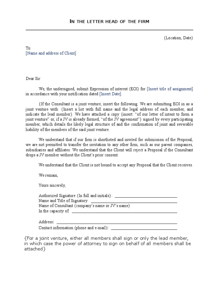 Eoi Format | Joint Venture | Common Law