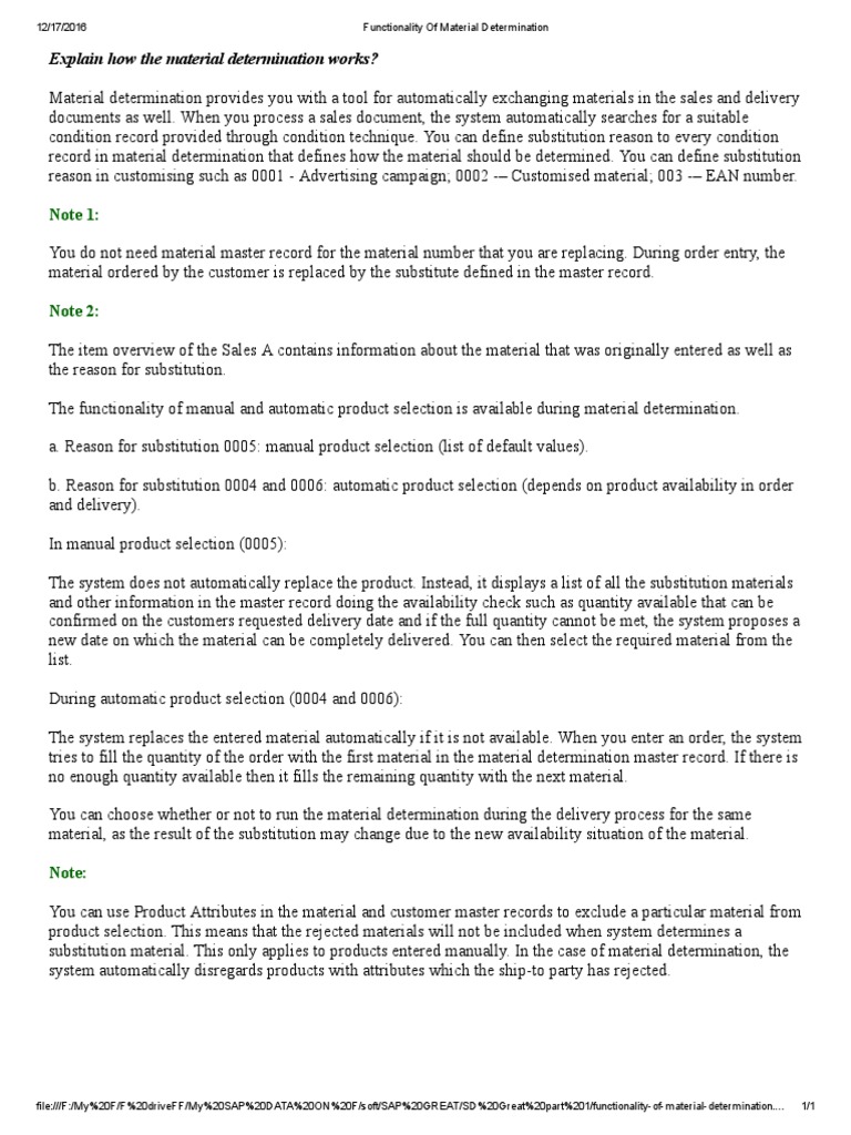 Note 1:: Explain How The Material Determination Works? | PDF