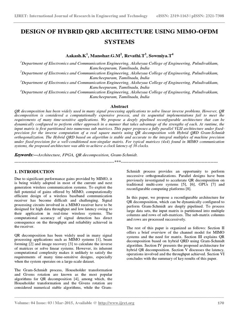 Design of Hybrid QRD Architecture Using Mimo-Ofdm Systems PDF | PDF ...