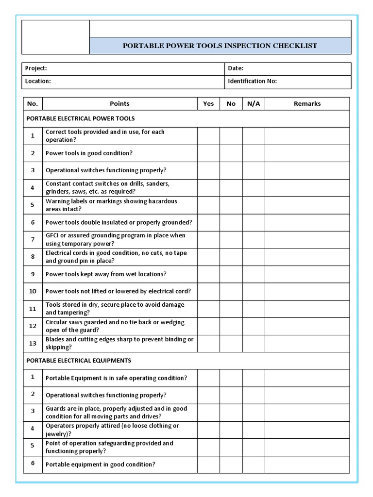 Portable Power Tools Inspection Checklist | PDF