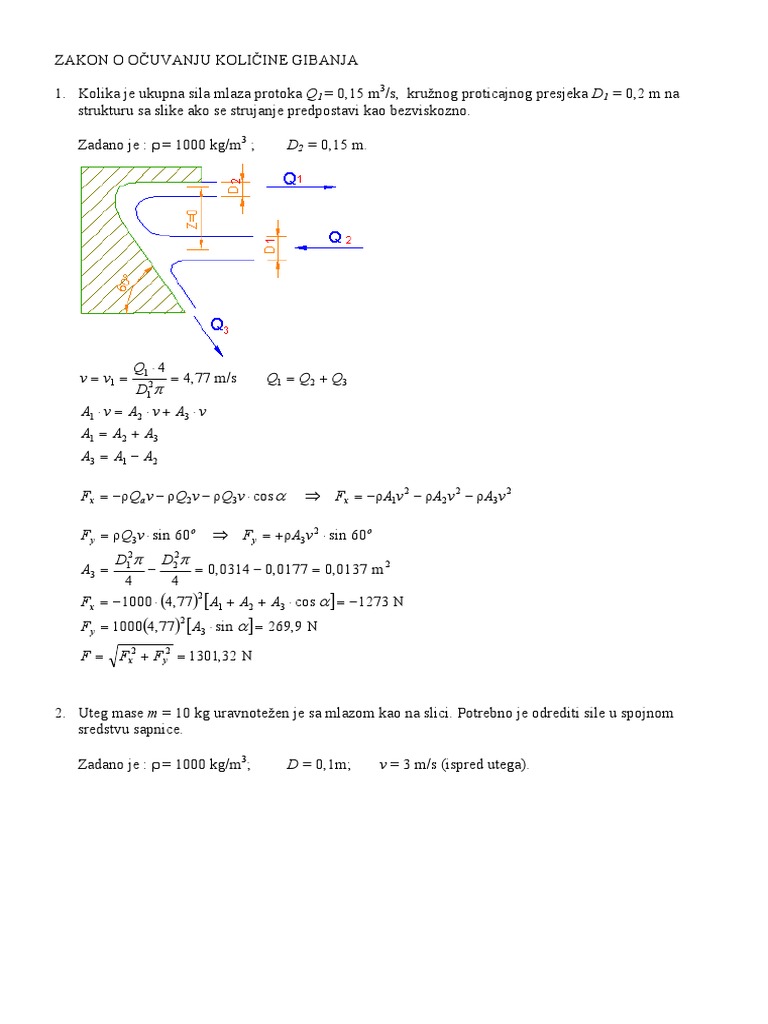 Zakon Očuvanja Količine Gibanja-Riješeni zadaci-HIDROMEHANIKA | PDF