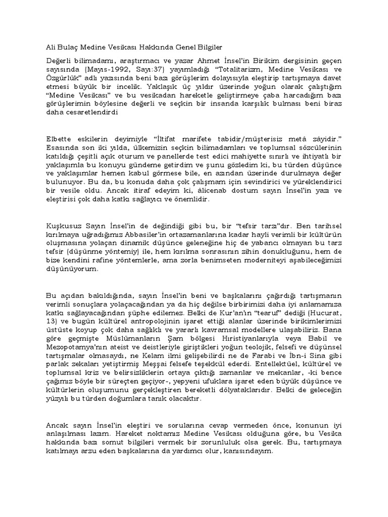 Ali Bulaç - Medine Vesikası Hakkında Genel Bilgiler | PDF