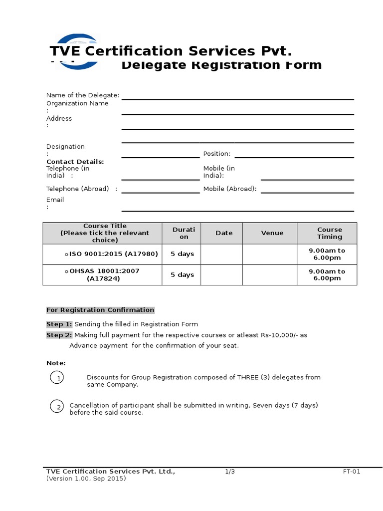 TVE Certification Services Pvt. LTD.: Delegate Registration Form | PDF ...
