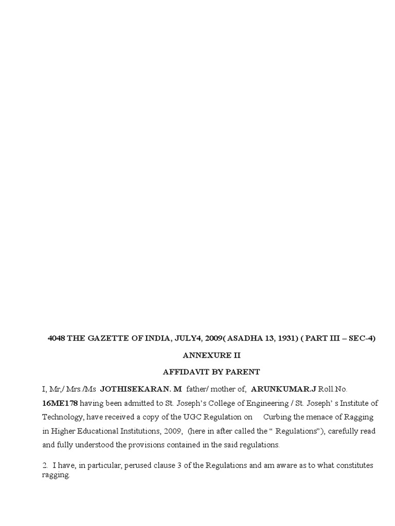 Anti-Ragging Affidavit Template | PDF
