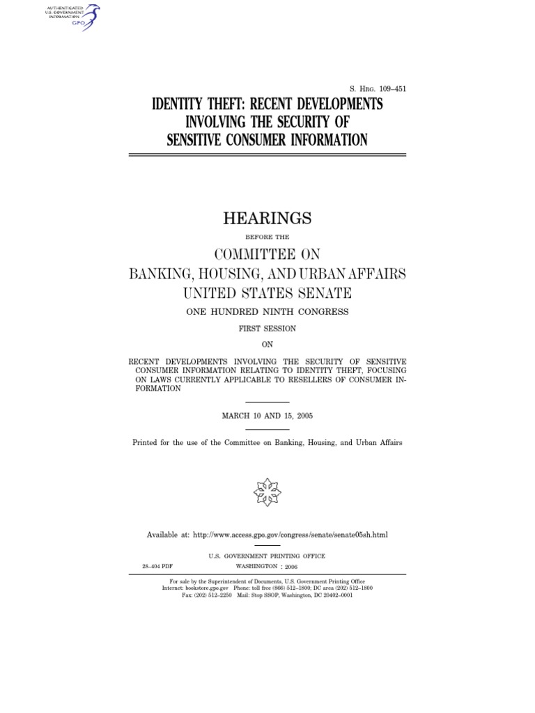 Senate Hearing, 109TH Congress - Identity Theft: Recent Developments ...