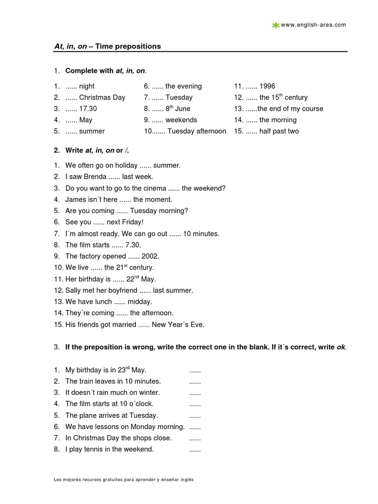 Prepositions at in On | PDF