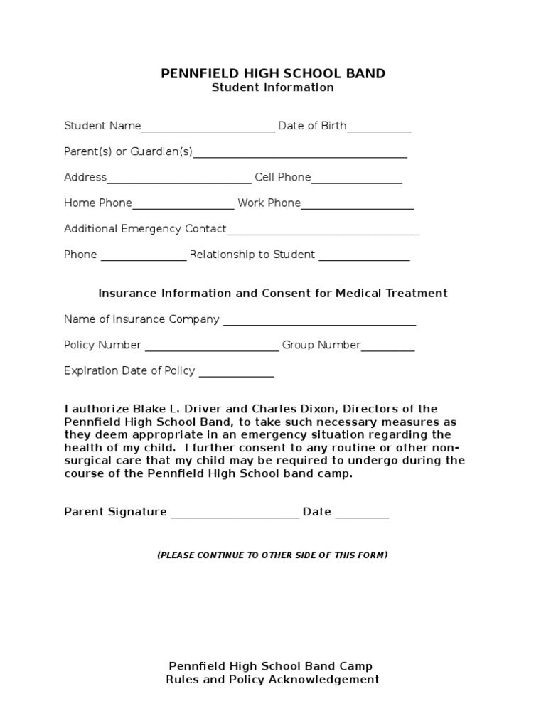 Pennfield High School Band Camp Form | PDF