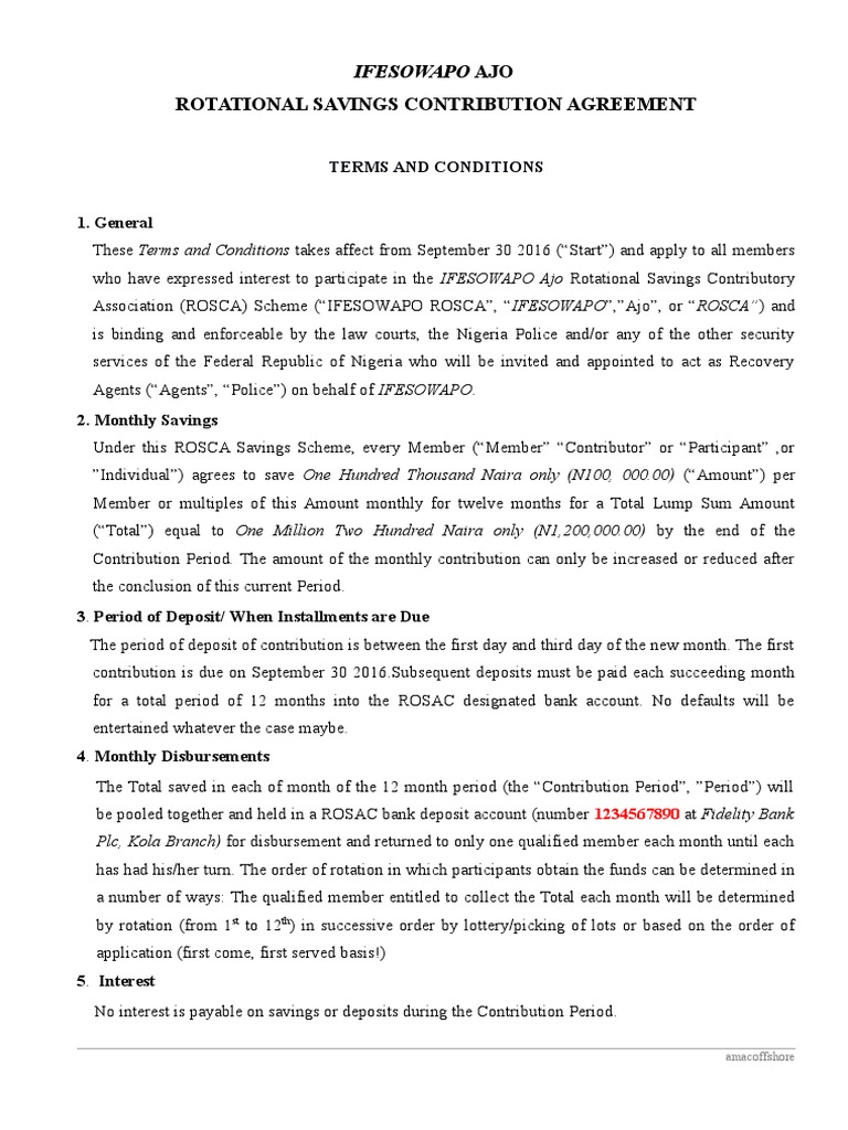 AJO (ROSCA) Contribution Agreement | PDF | Deposit Account | Trust Law