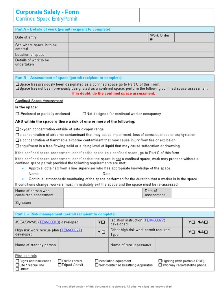 Confined Space Entry Permit Model Form | PDF | Occupational Safety And ...