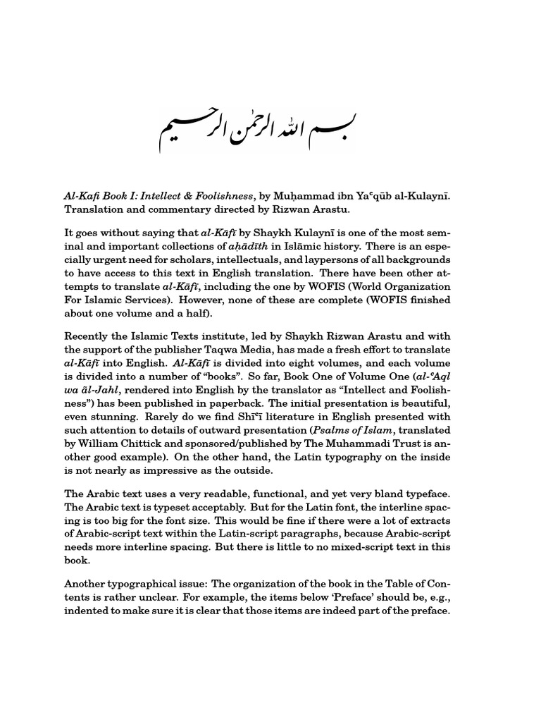 Review Article: Al-Kafi, Book I: Intellect & Foolishness | PDF | Translations | Typography
