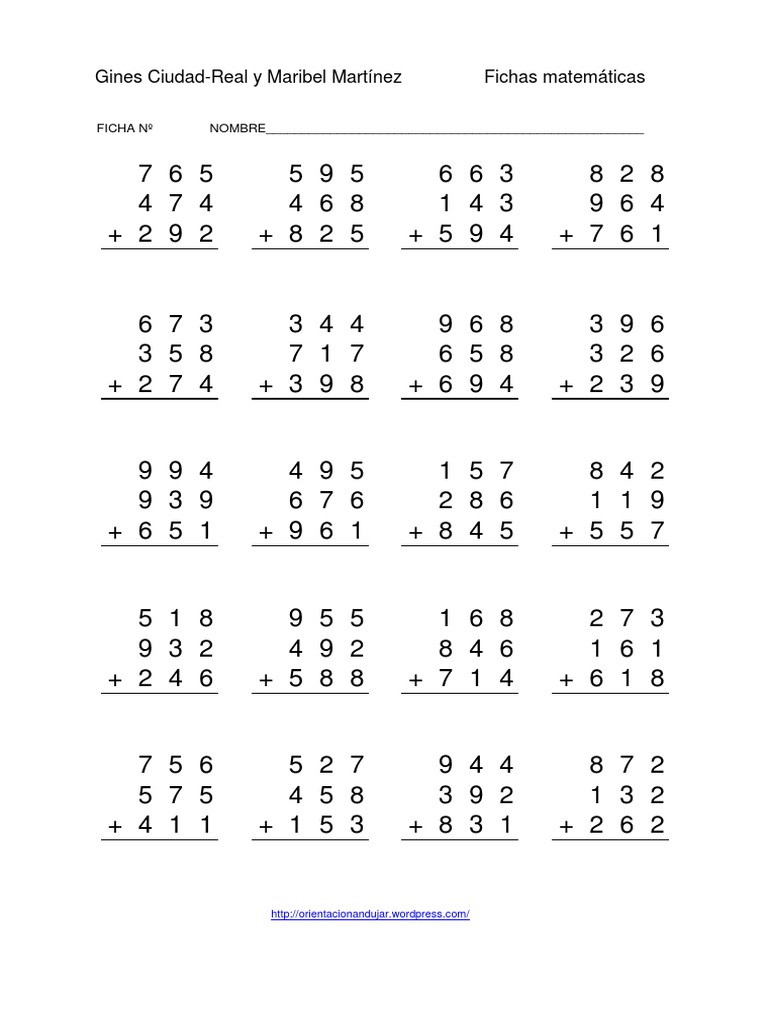 Sumas de Tres Cifras y 3 Filas Con Llevada Fichas 301 400 PDF | PDF