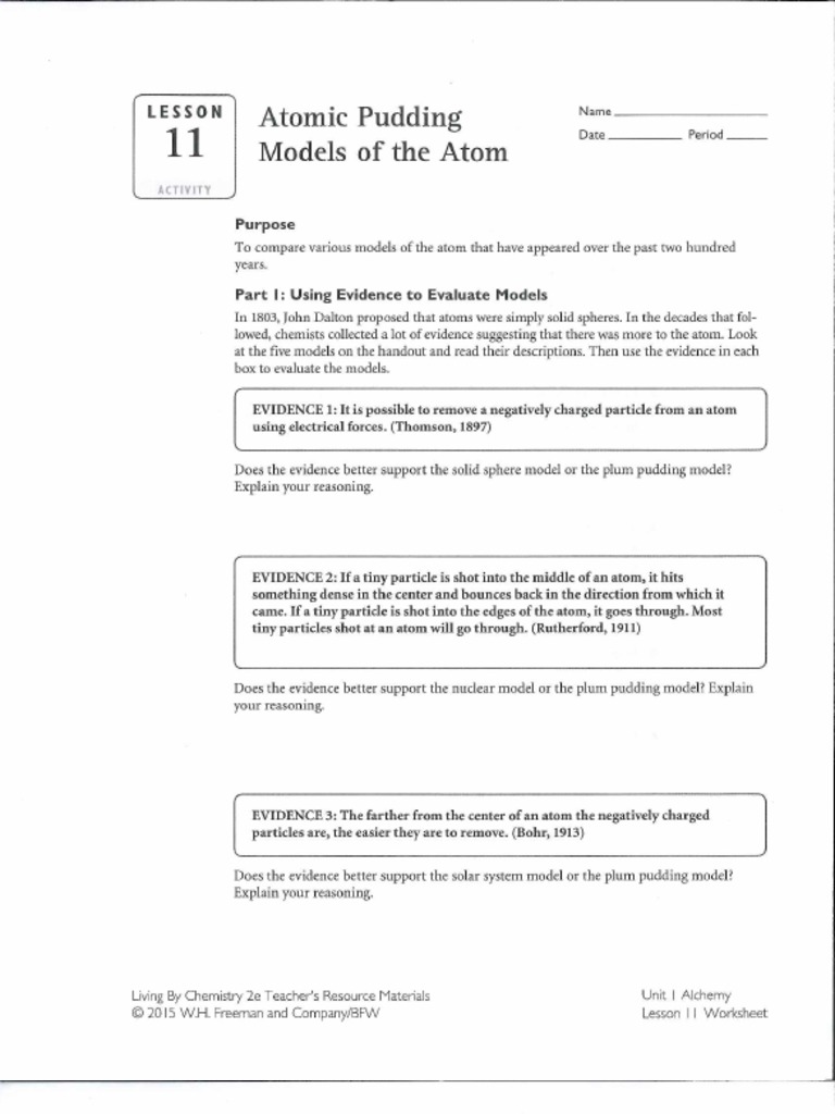 Lesson 11 Activity - Atomic Pudding Models of An Atom | PDF