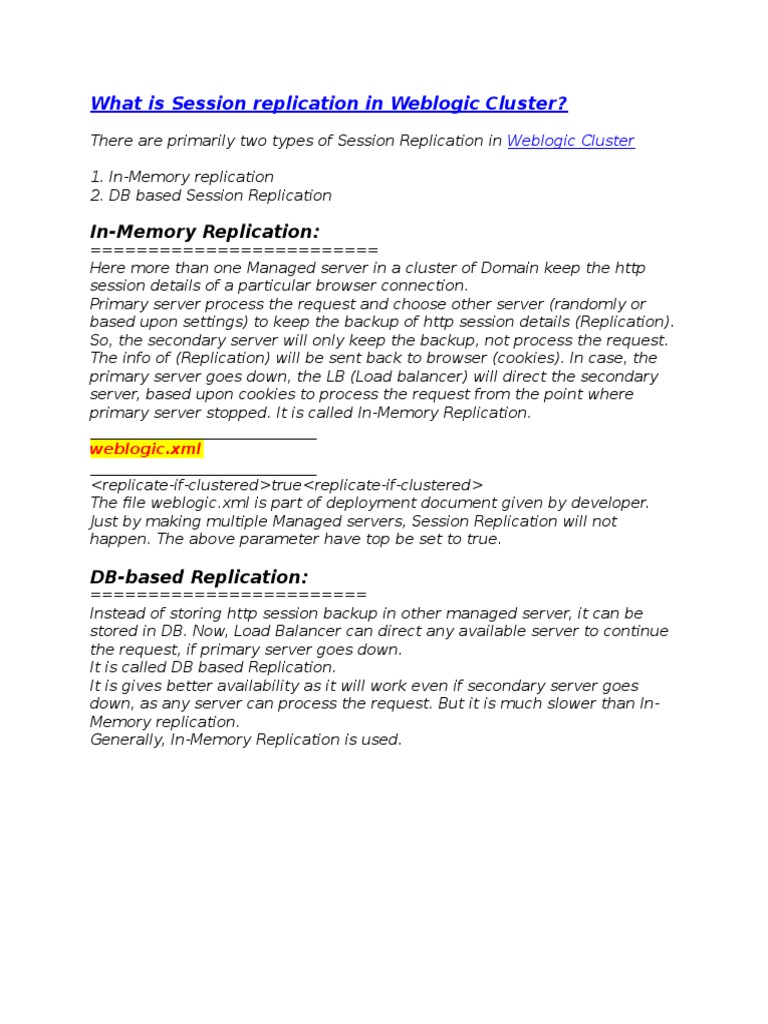 What Is Session Replication in Weblogic Cluster | PDF