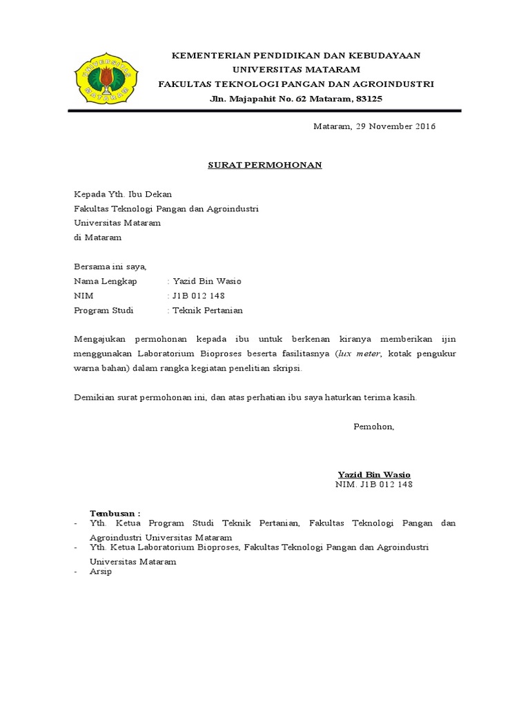 Surat Permohonan Pinjam Alat Lab | PDF