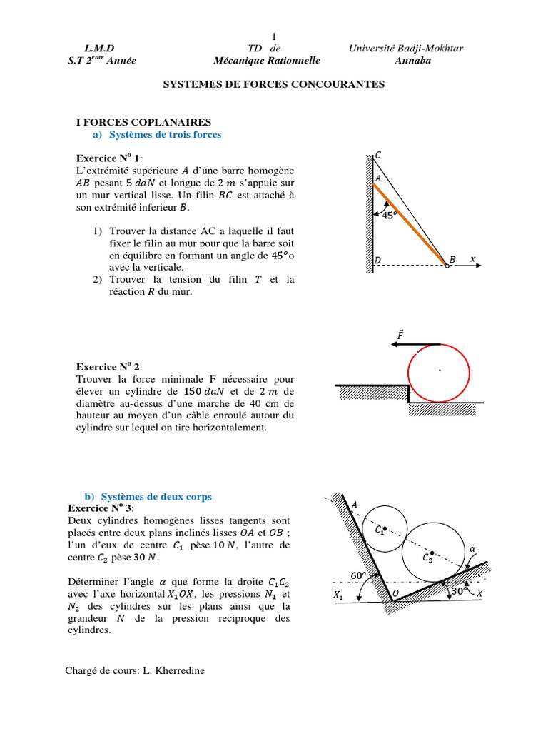 5 Exercices en Systemes de Forces Concourantes - Université de Annaba