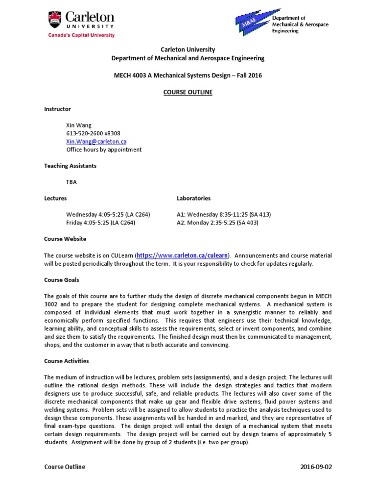 Course Outline MECH 4003 F16 - Final PDF | PDF | Lecture | Engineering ...