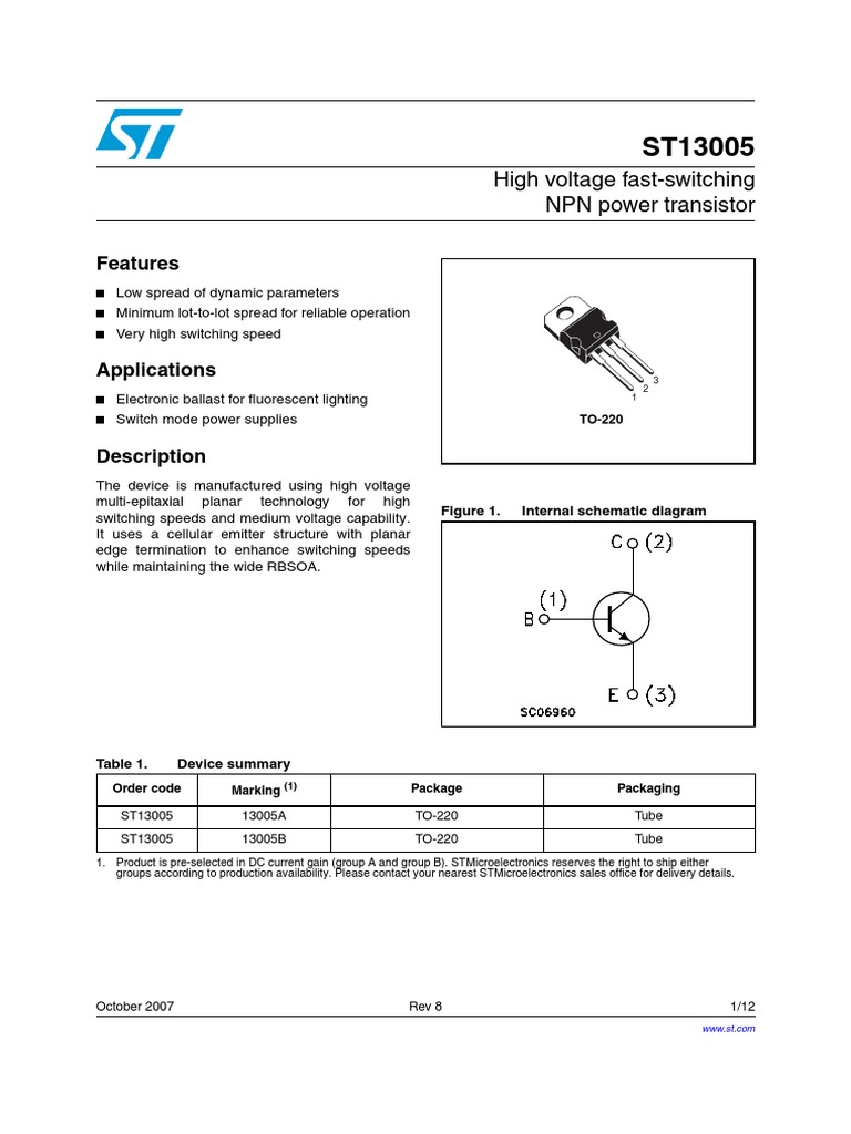 ST13002A | PDF | Electrical Equipment | Electrical Engineering