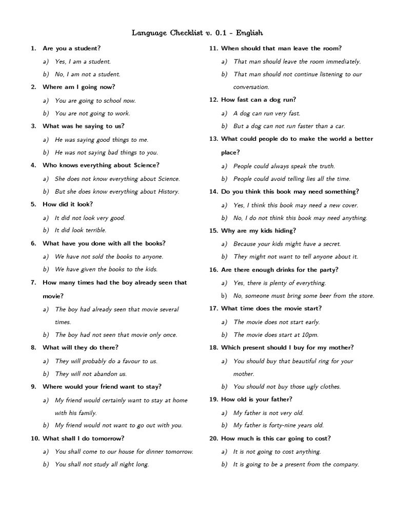 Language Checklist v01 | PDF