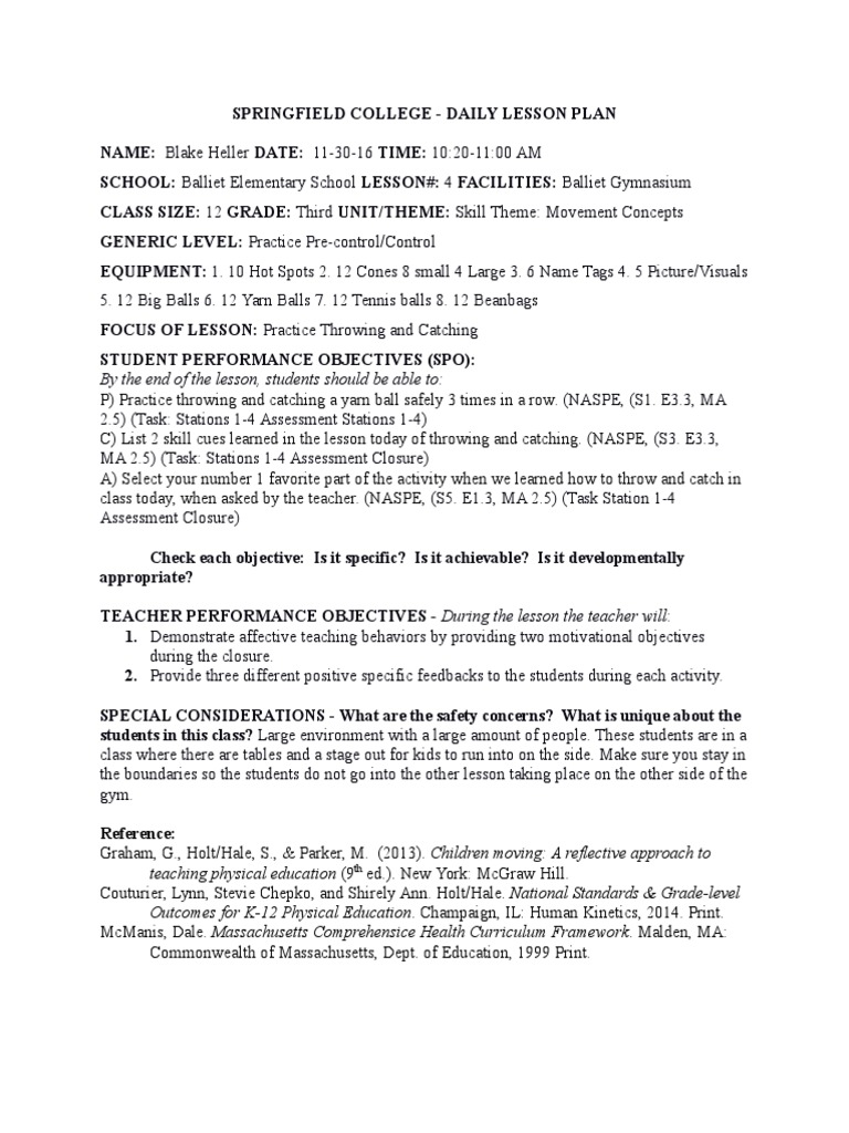 Lesson Plan 4 Throwing and Catching 11-25-16 | PDF | Pitcher ...