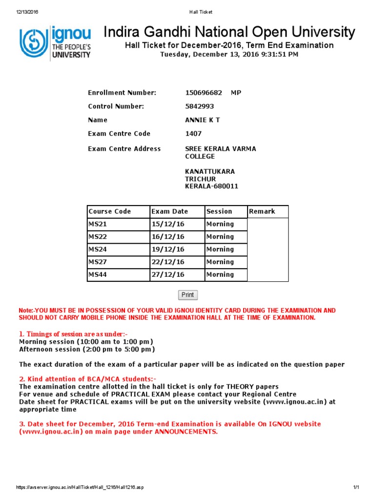 Indira Gandhi National Open University: Hall Ticket For December 2016 ...