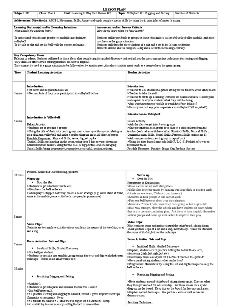 Volleyball Digging Lesson Plan | PDF | Volleyball | Cognitive Science