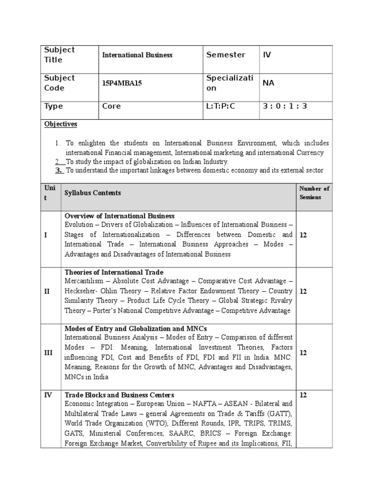 International Business Syllabus | International Business | Foreign ...