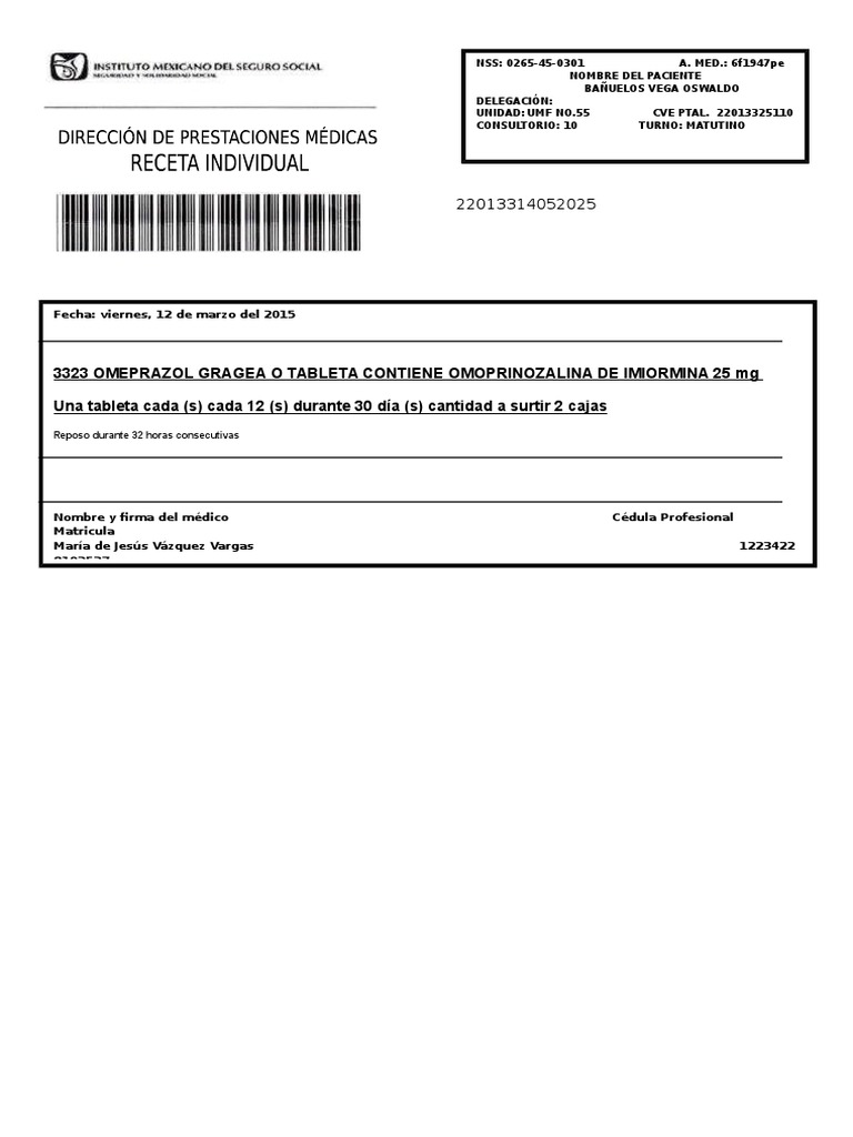 Receta Médica: Omeprazol y Reposo | PDF
