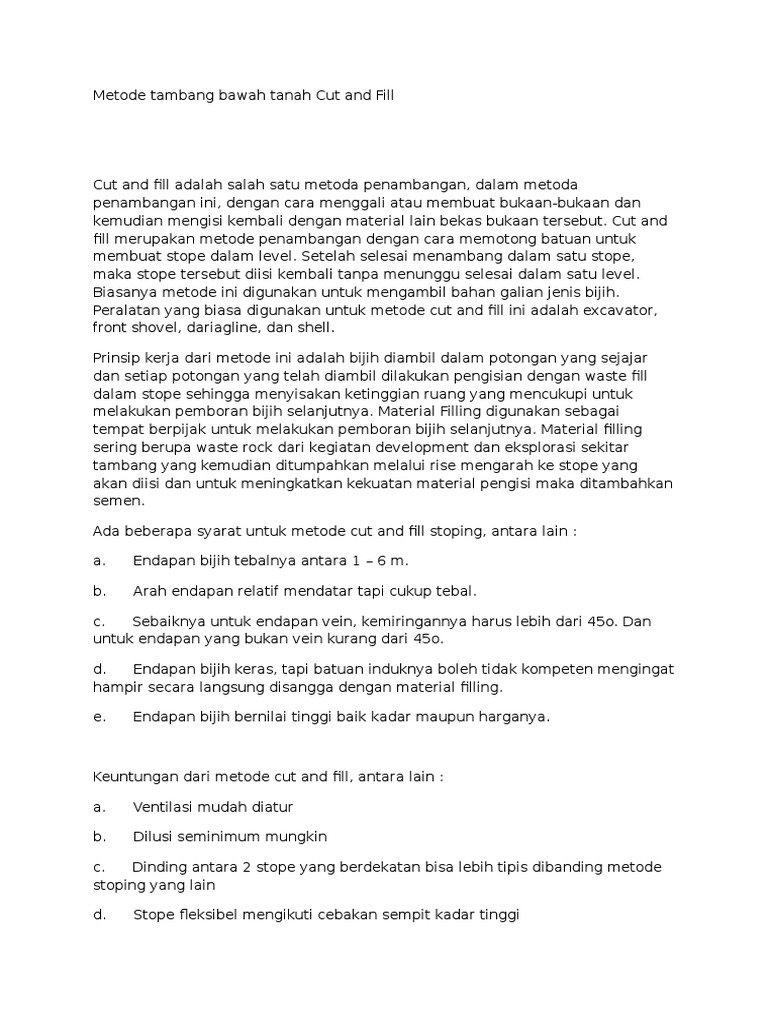Metode Tambang Bawah Tanah Cut and Fill | PDF