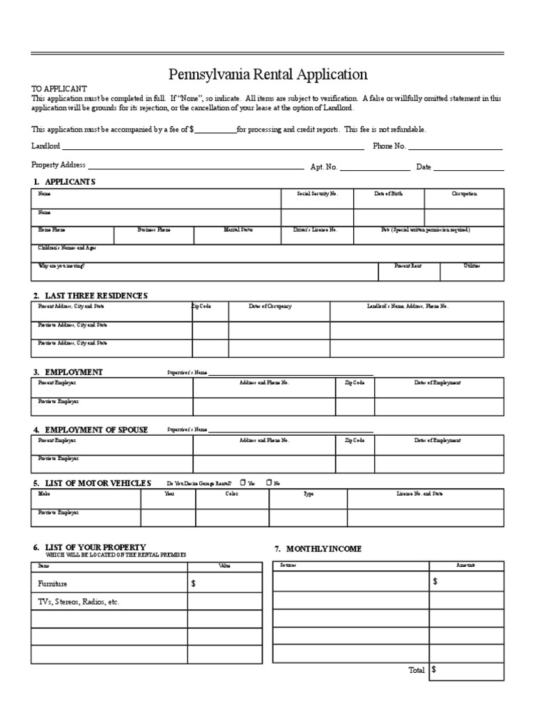 Pennsylvania Rental Application | PDF | Lease | Renting
