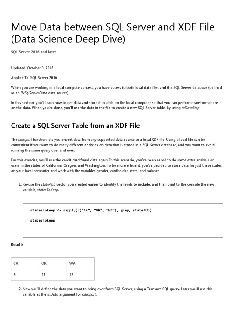 Move Data Between SQL Server and XDF File (Data Science Deep Dive ...
