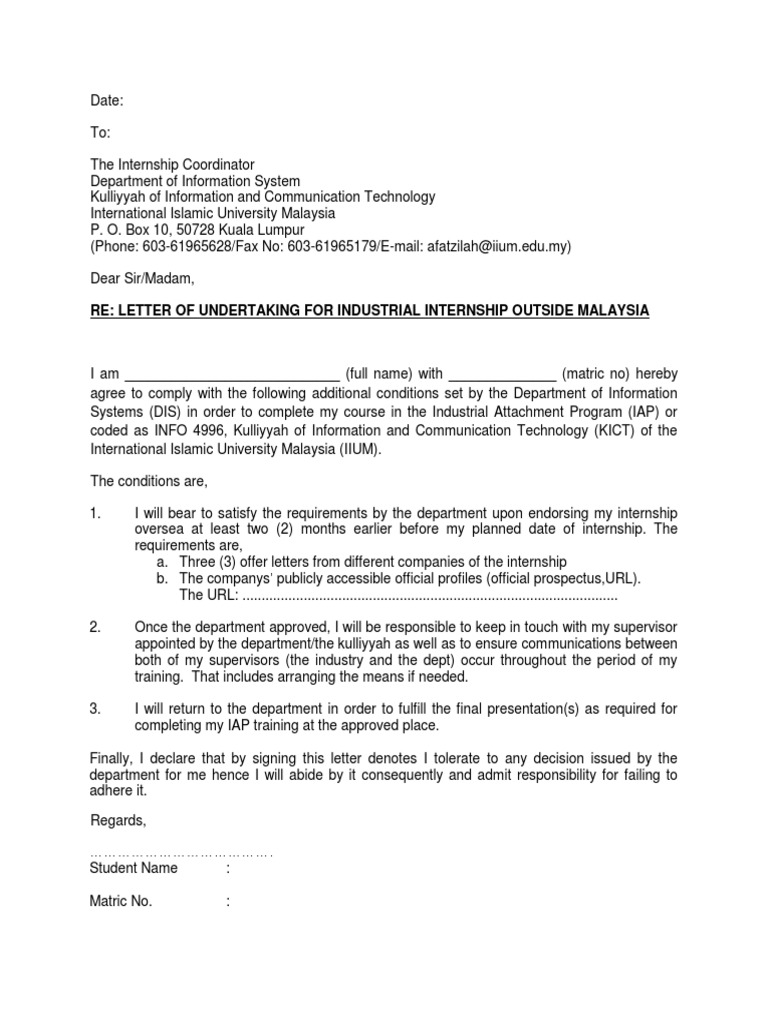 Letter of Undertaking For Industrial Attachment Overseas | PDF