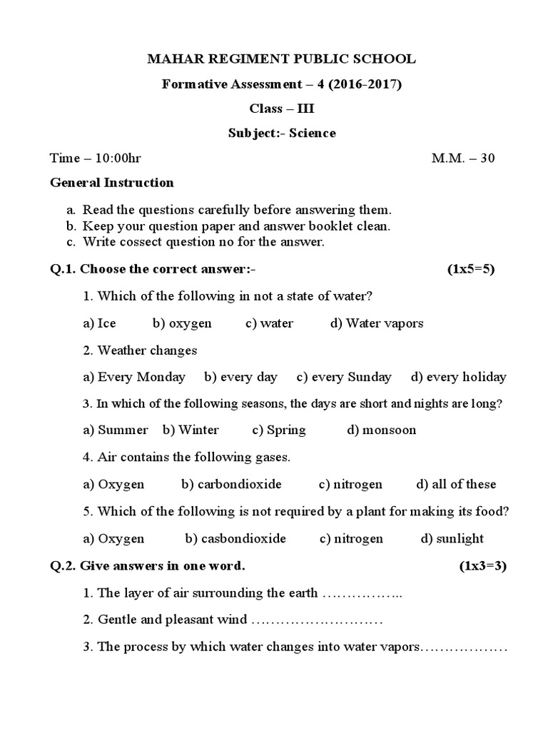 Class III Science Assessment 2016-17 | PDF