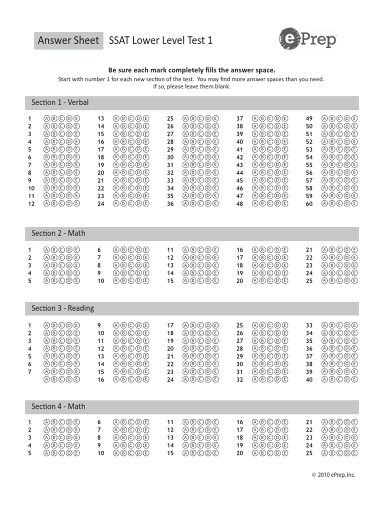 ePrep-SSAT-Practice-Test-1-Middle-Level-Answer-Sheet.pdf | Standardized ...
