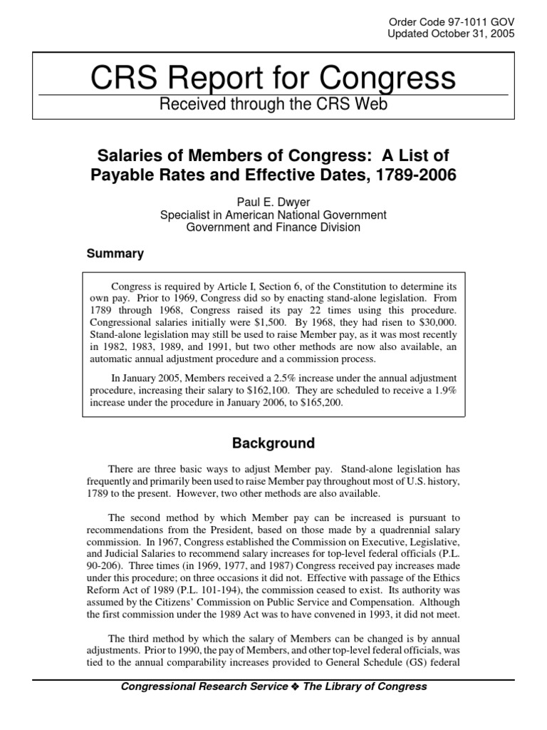 CRS Report For Congress: Salaries of Members of Congress: A List of ...