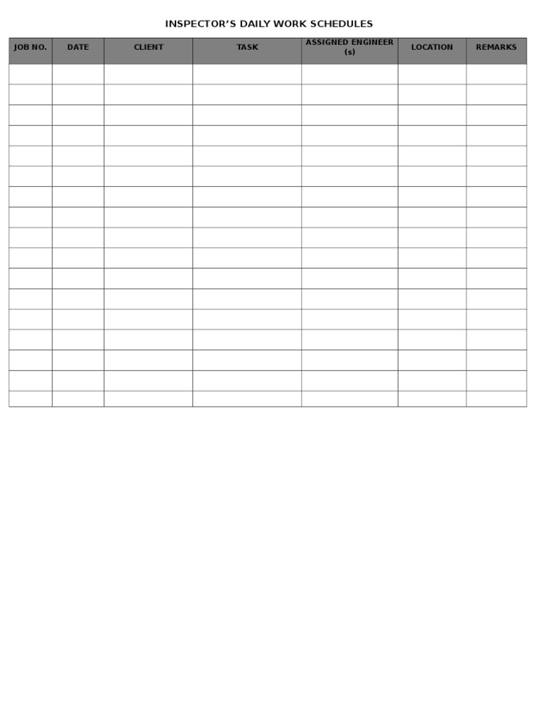 Inspector'S Daily Work Schedules: Job No. Date Client Task Assigned ...