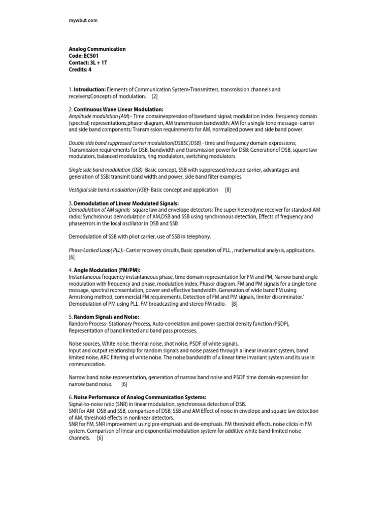 Analog Communication Code: EC501 Contact: 3L + 1T Credits: 4 | PDF | Frequency Modulation ...