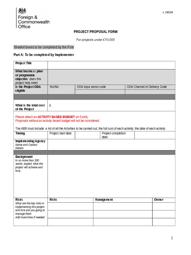 Project Proposal Form: Shaded Boxes To Be Completed by The Post | PDF ...