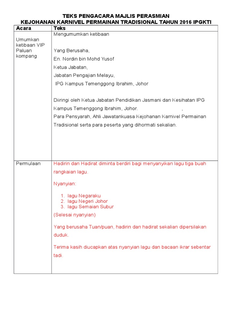Teks Pengacara Majlis Perasmian Penutupan Permainan Tradisional B | PDF
