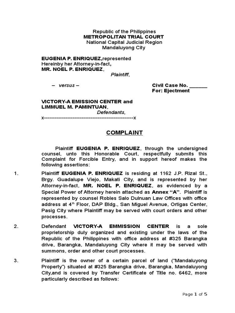 Complaint For Forcible Entry - Eugenia.100916-Rev | PDF | Attorney's Fee | Lawsuit