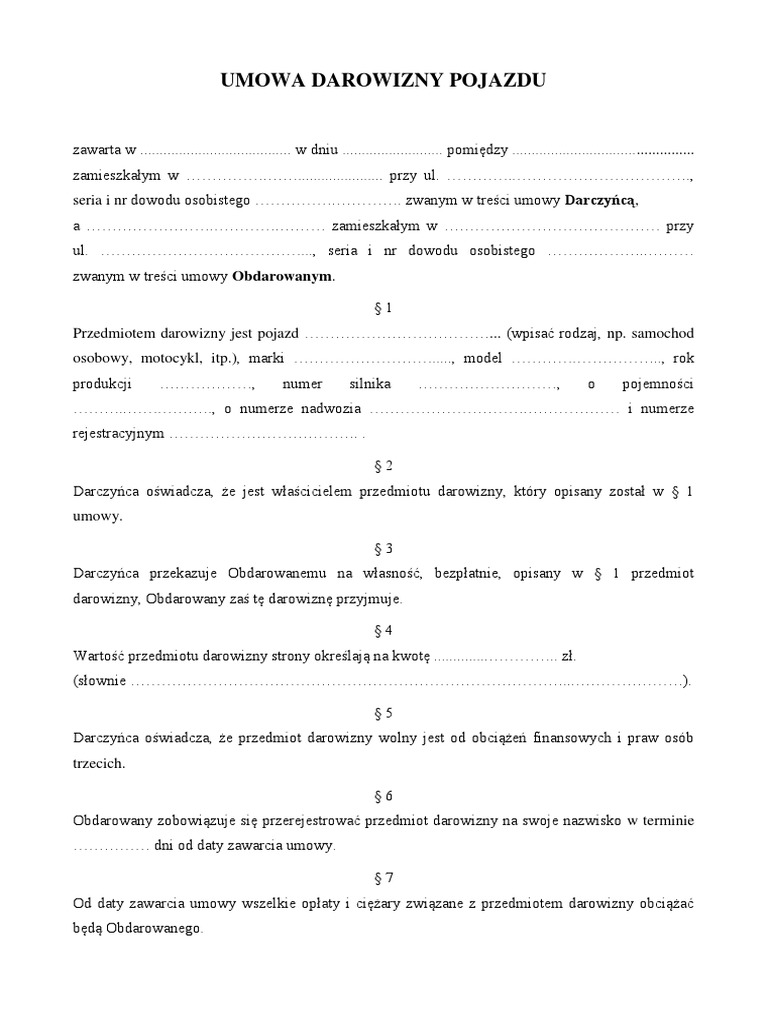 Umowa Darowizny Pojazdu | PDF
