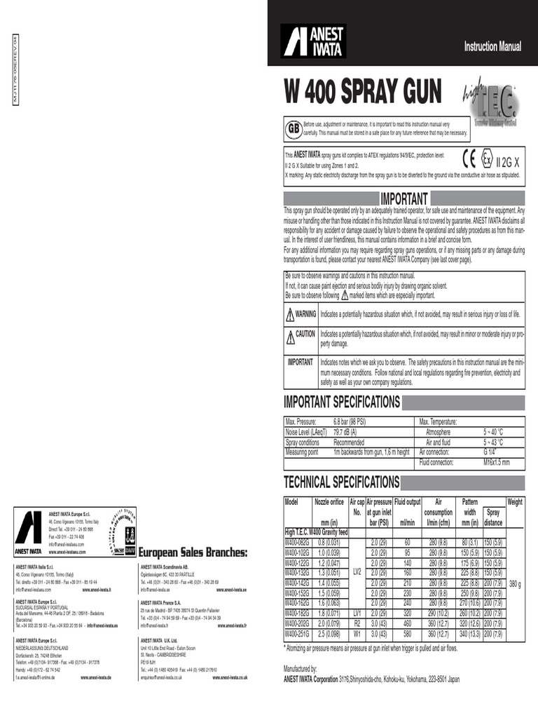 W 400 Spray Gun: Important | PDF | Valve | Chemistry