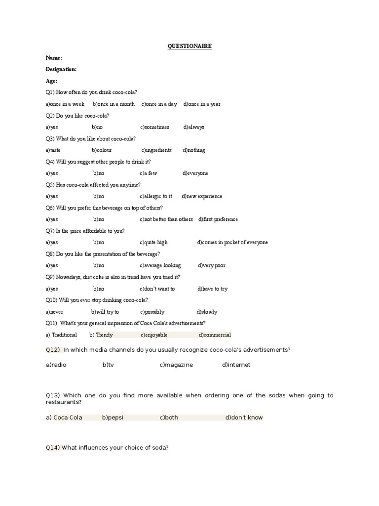 Consumer Preferences and Perceptions of Coca-Cola: A Questionnaire ...