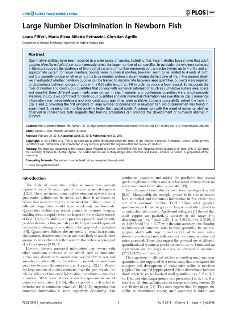 Large Number Discrimination in Newborn Fish: Laura Piffer, Maria Elena ...