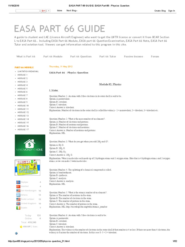 EASA Part 66 Physics Exam Guide | PDF | Atoms | Proton