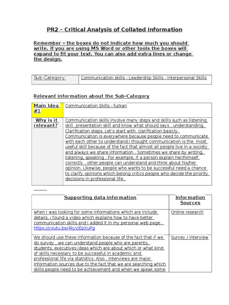 PR2 - Critical Analysis of Collated Information: Sub-Category ...