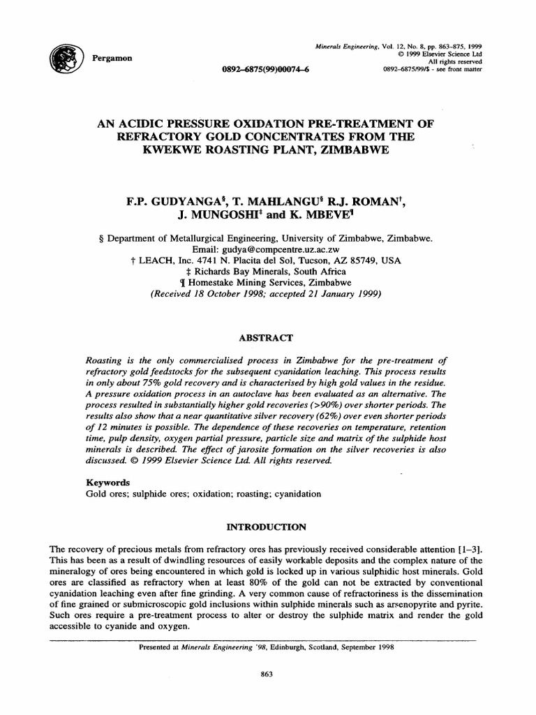 An Acidic Pressure Oxidation Pre-Treatment of | PDF | Iron | Gold