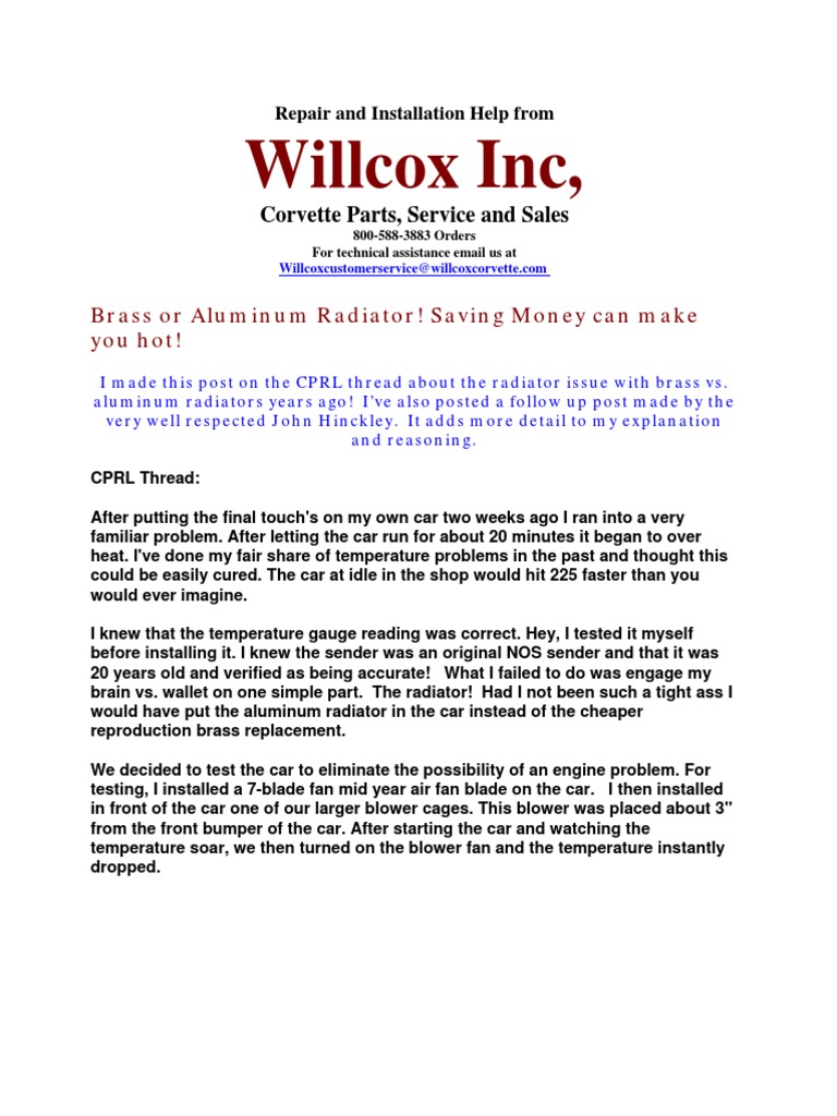 Willcox Inc,: Corvette Parts, Service and Sales | PDF | Radiator | Heat ...