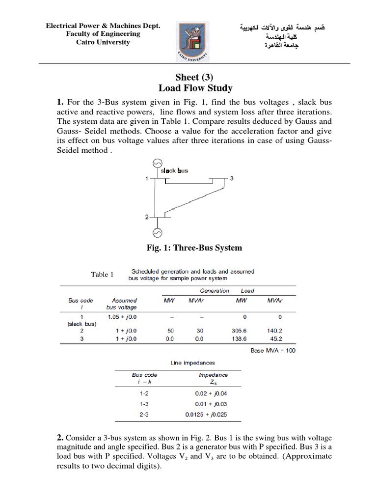 Sheet (3) Load Flow Study: 1. For The 3-Bus System Given in Fig. 1 ...