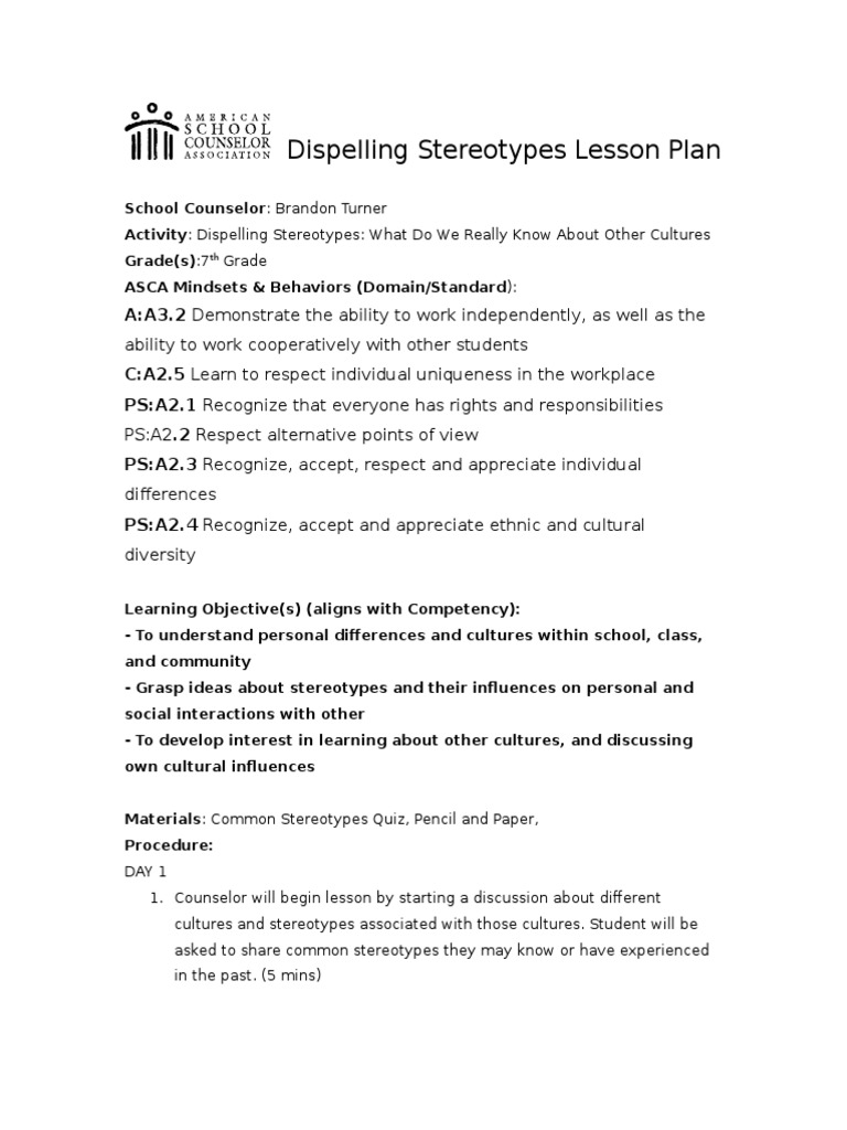 Stereotype Awareness Lesson Plan | PDF | Stereotypes | School Counselor