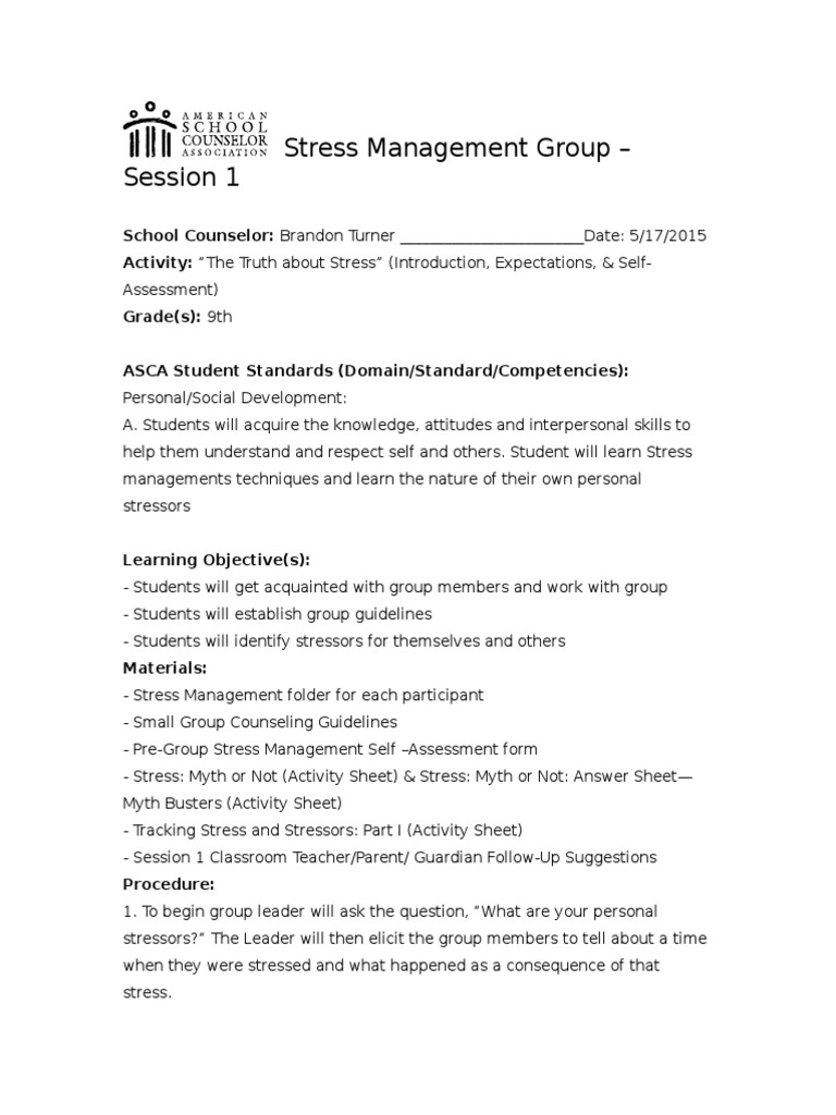 Asca Lesson Plan - Stress Management 1 | PDF | School Counselor ...